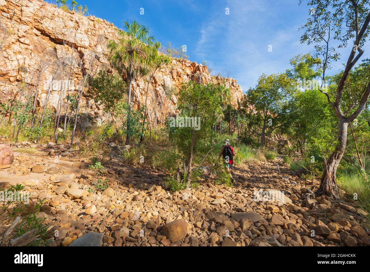Tourist on the rocky walking trail leading to Bell Gorge, Kimberley ...
