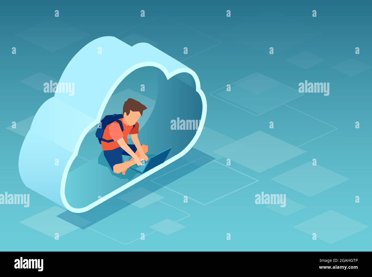 Vector of a teenager boy sitting in a CLOUD technology using laptop ...