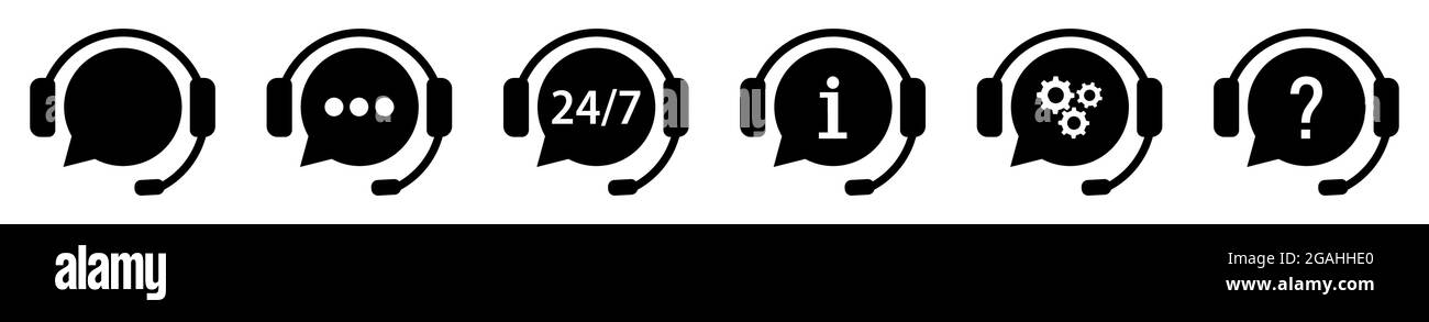 Set of support service icons. Speech bubbles with headphones. Flat ...
