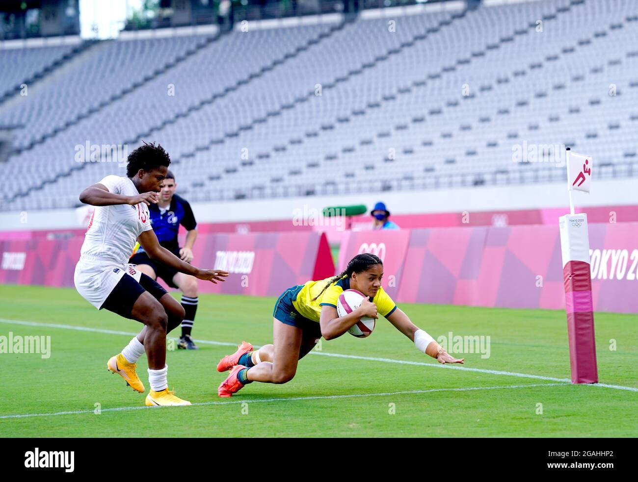 Australia's Faith Nathan scores a try during the Rugby Sevens Women's ...