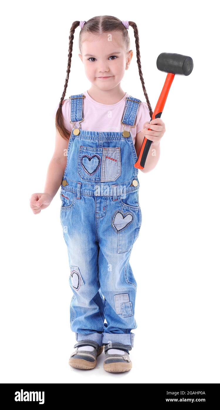 Cute little girl with hammer isolated on white background Stock Photo ...