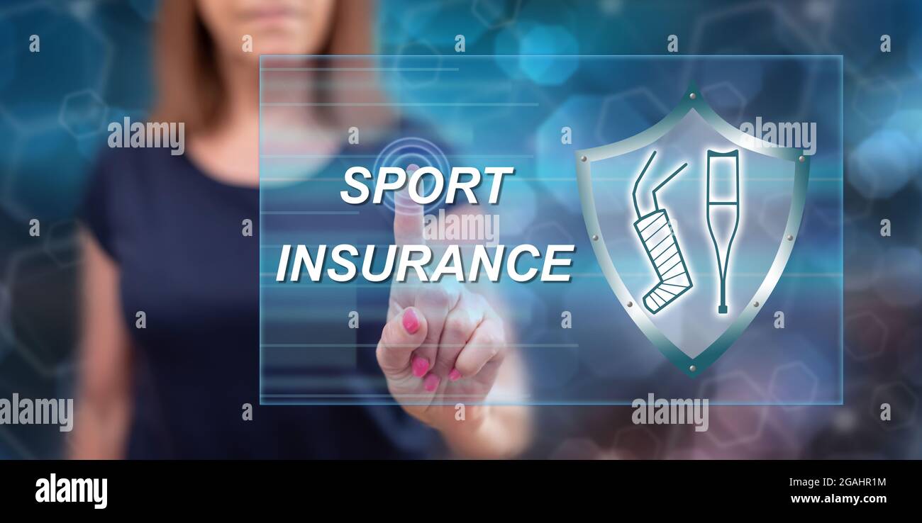 Woman touching a sport insurance concept on a touch screen with her ...