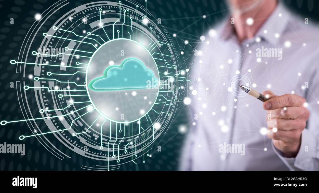 Man touching a cloud computing system concept on a touch screen with a ...