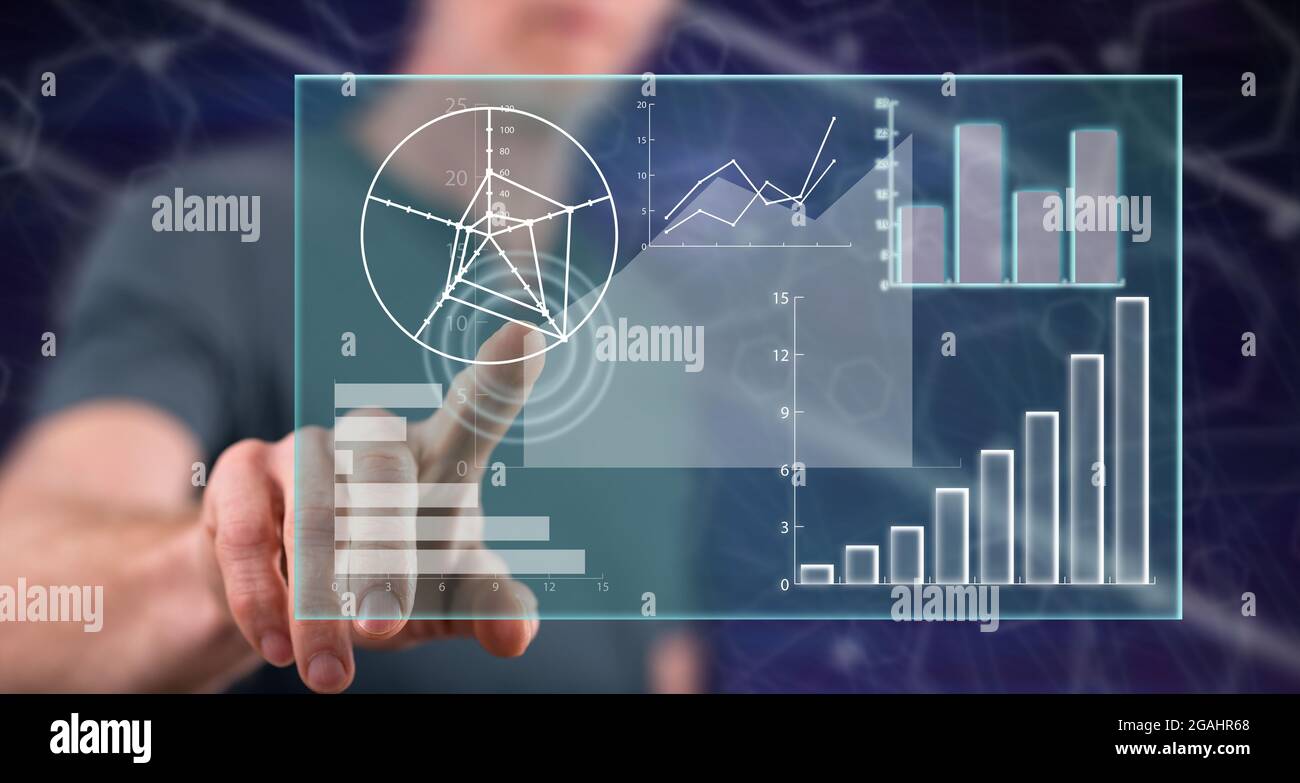 Man touching a data analysis concept on a touch screen with his finger ...