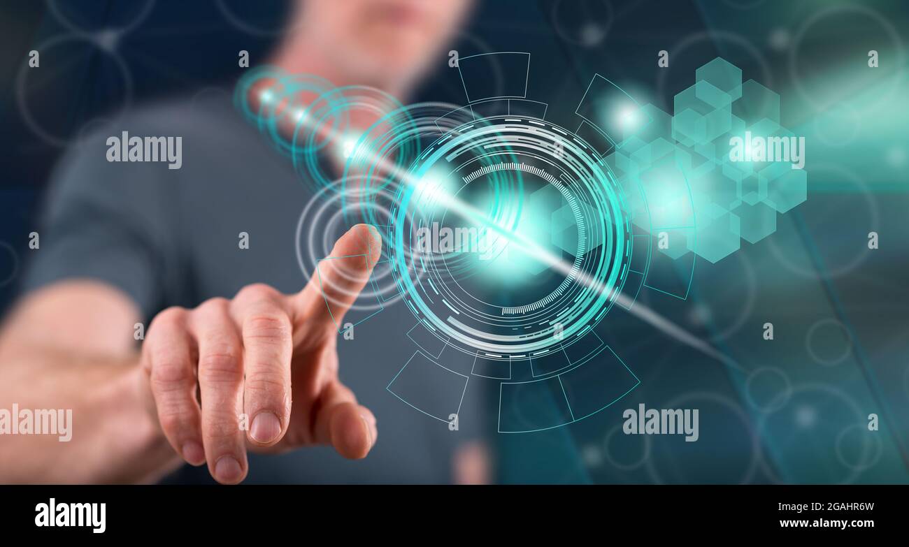 Man touching a technology concept on a touch screen with his finger ...