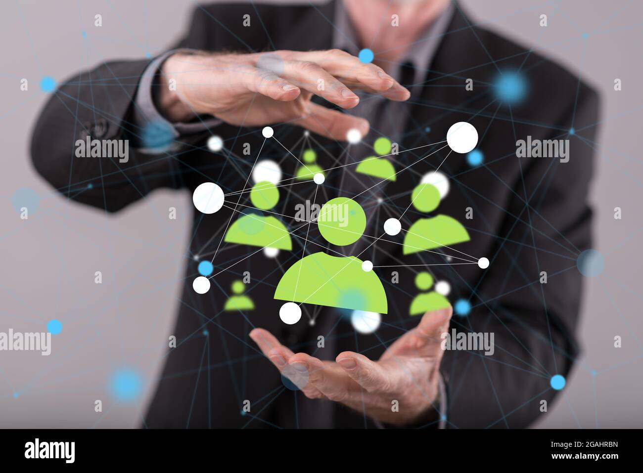 Social network concept between hands of a man in background Stock Photo ...