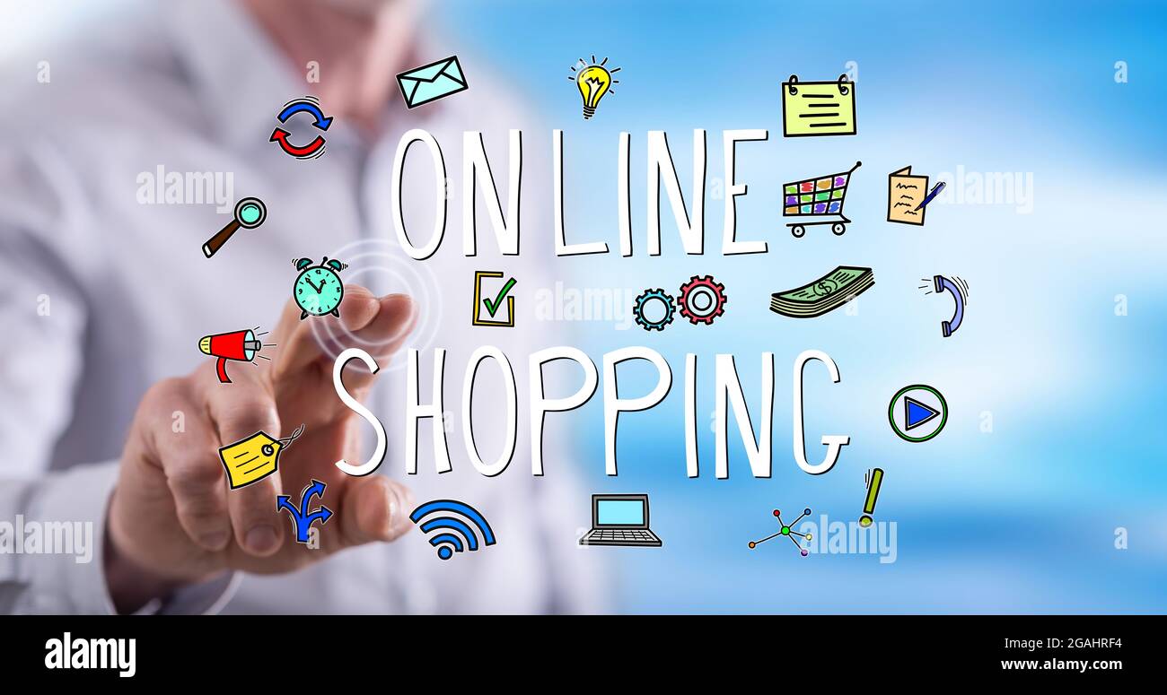 Man touching an online shopping concept on a touch screen with his ...