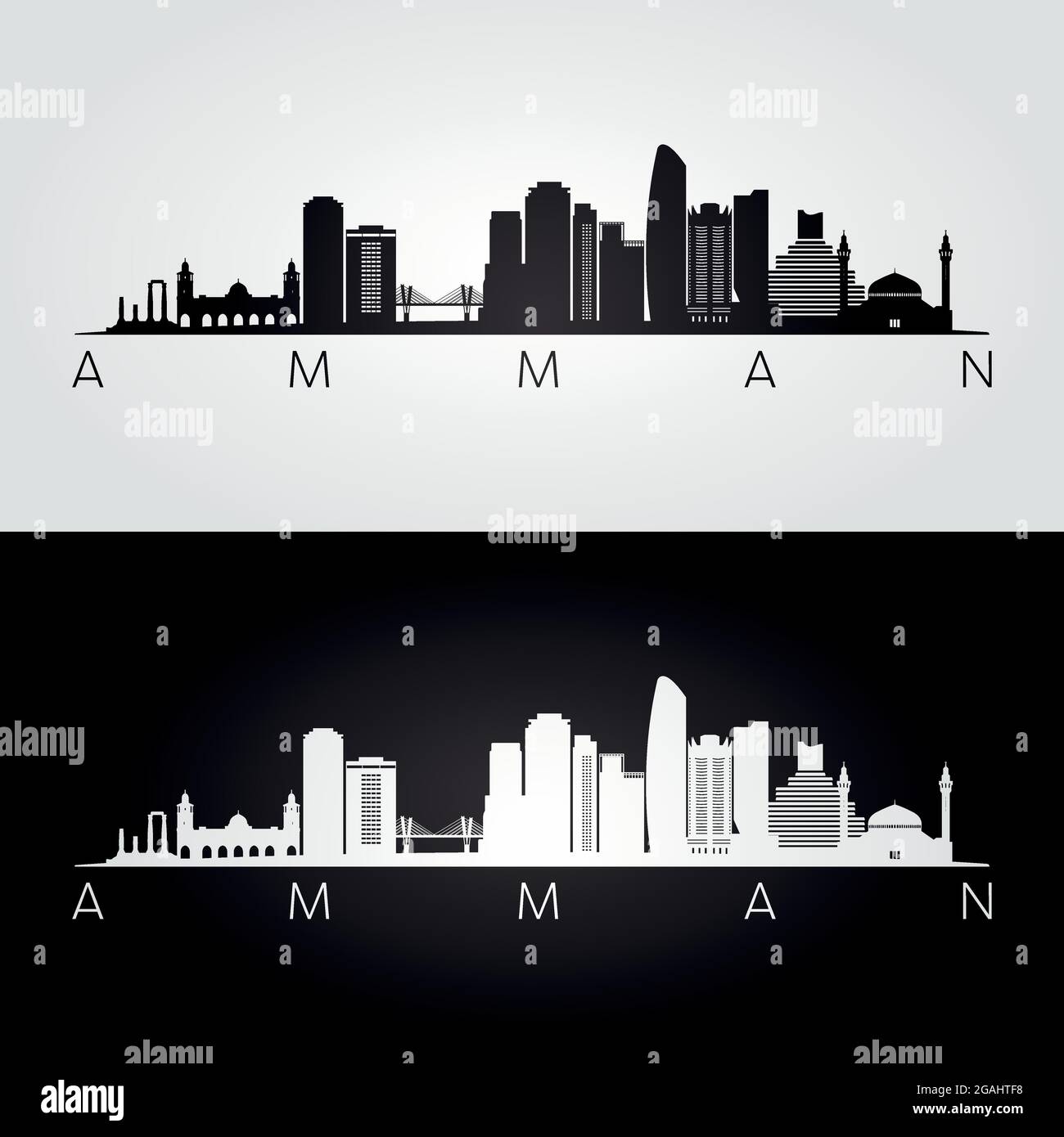 Amman skyline and landmarks silhouette, black and white design, vector ...