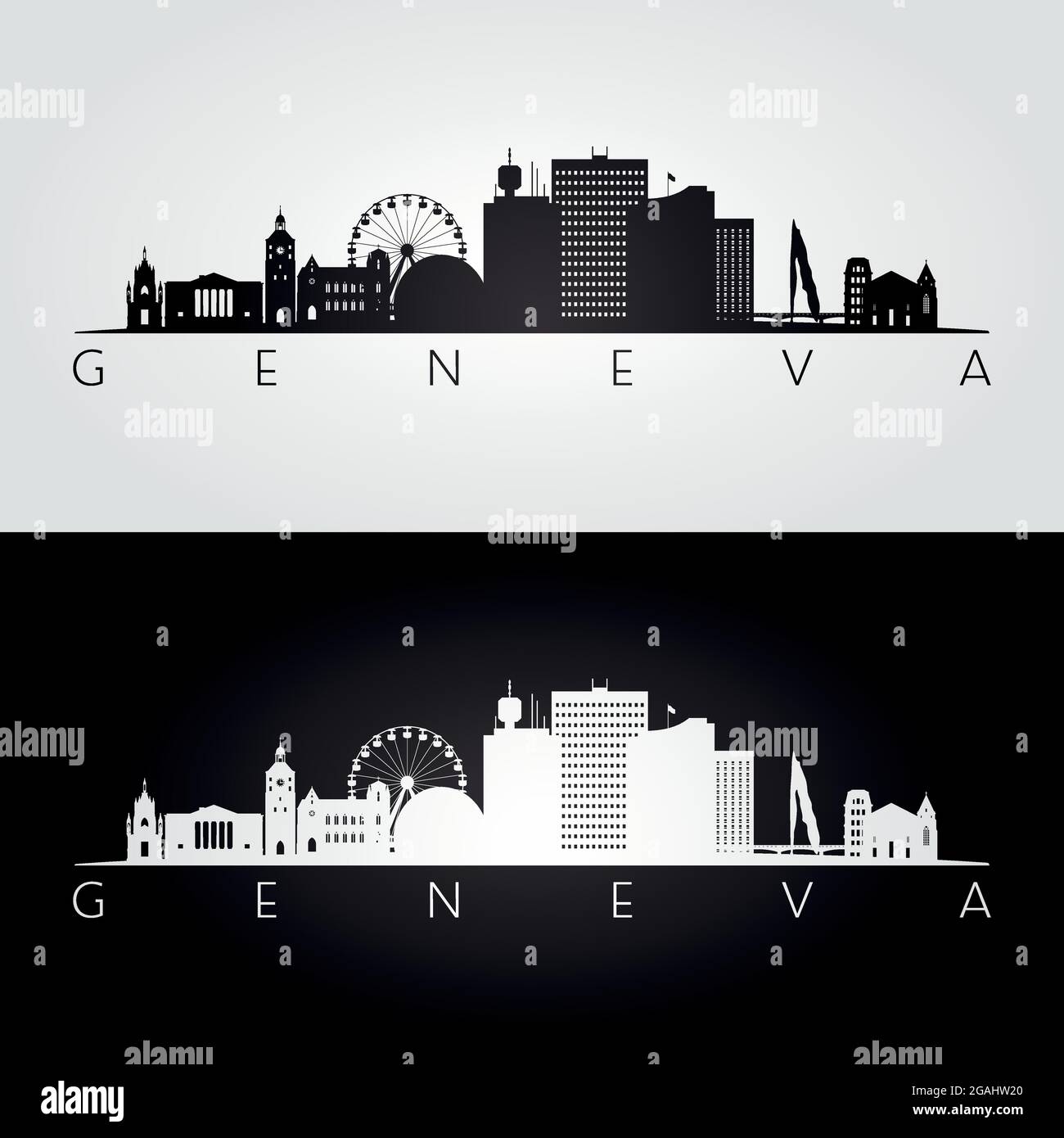 Geneva skyline and landmarks silhouette, black and white design, vector ...