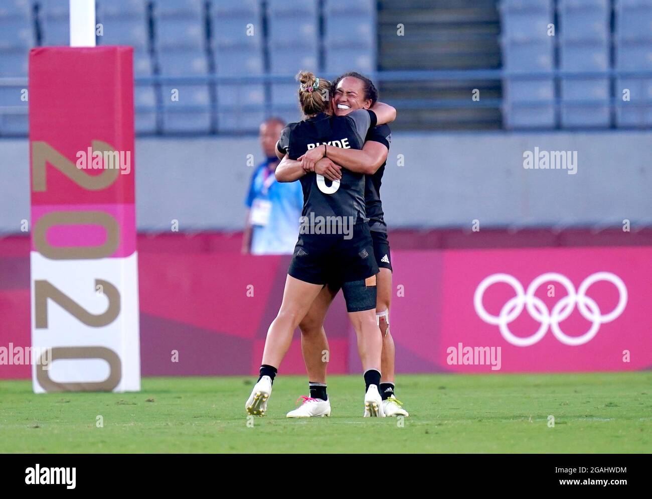 New Zealand's Michaela Blyde and Portia Woodman celebrate after beating France to win the Sevens ...