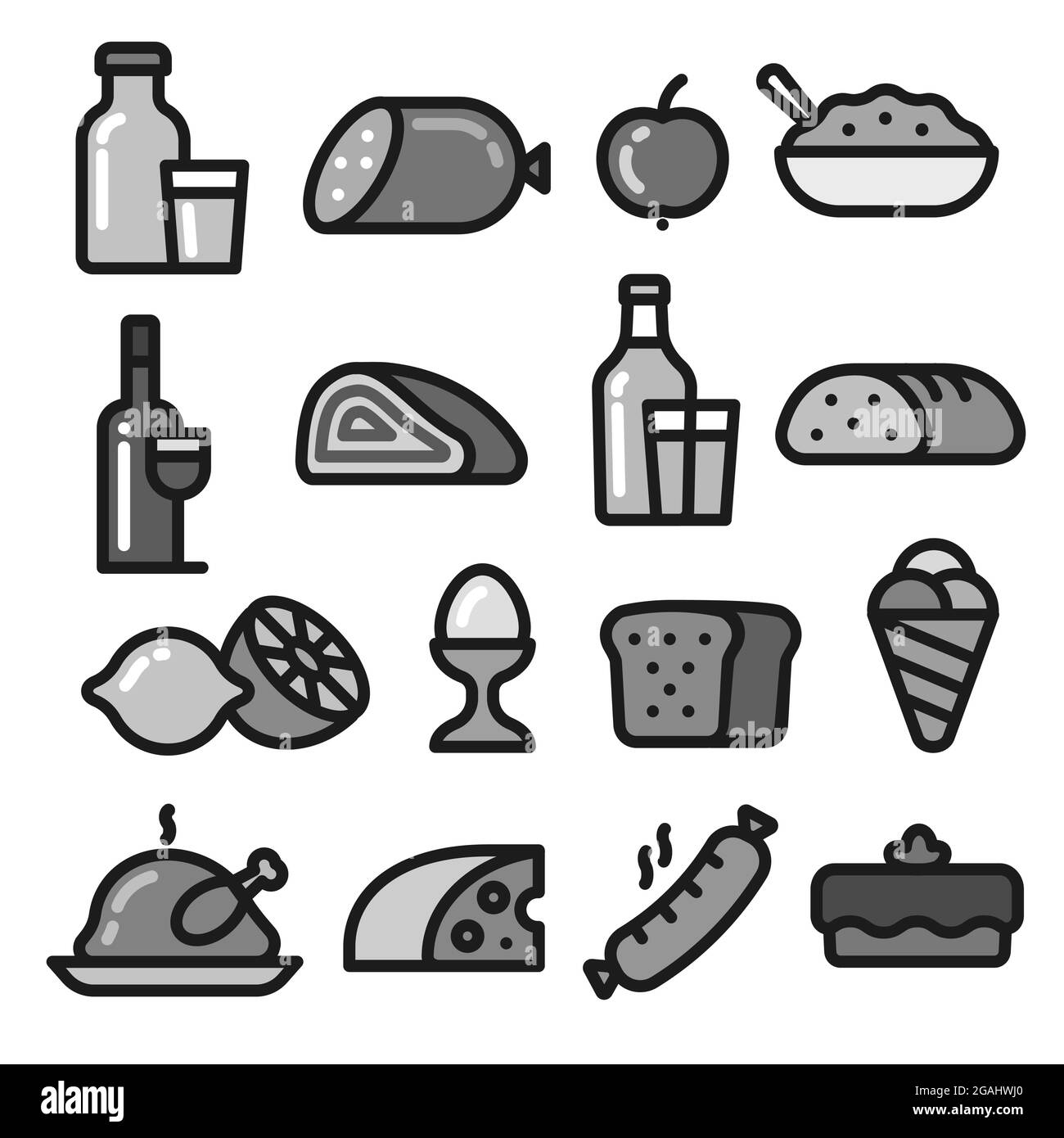 illustration of the food products and meals minimal icons in grayscale ...
