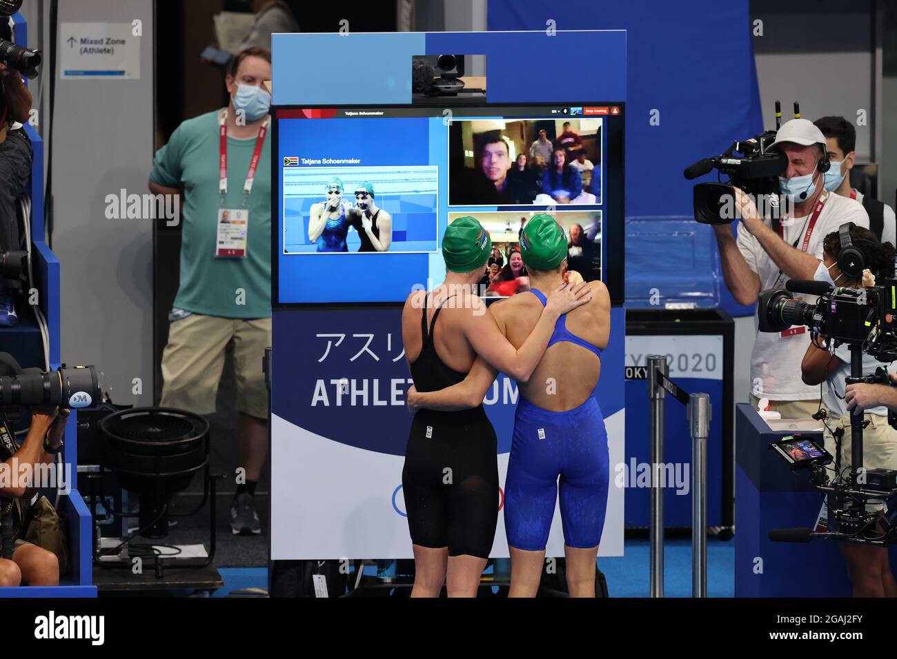 Gold medalist Tatjana Schoenmaker of South Africa (R) celebrates via a ...