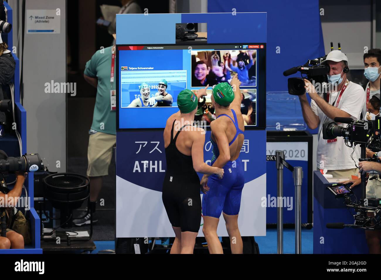Gold medalist Tatjana Schoenmaker of South Africa (R) celebrates via a ...
