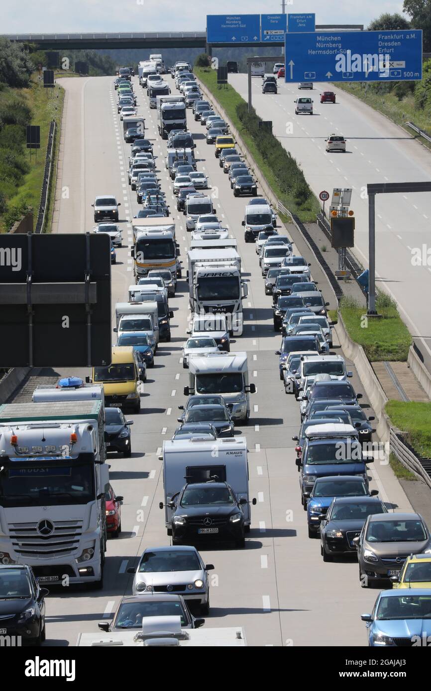 Jena, Germany. 31st July, 2021. Traffic is backed up for a total of ...