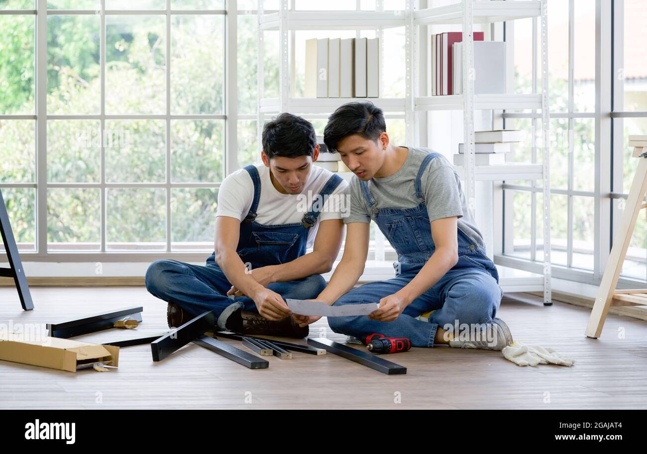 Two carpenters discussed the type of bench being assembled. Handyman ...
