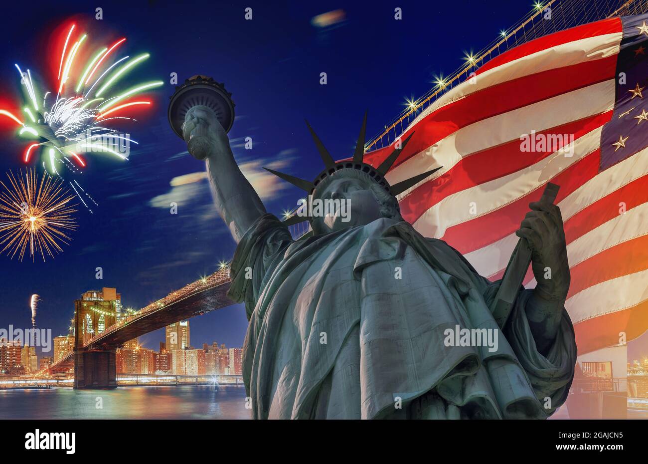 Brooklyn bridge view the Statue of Liberty in American flag with ...