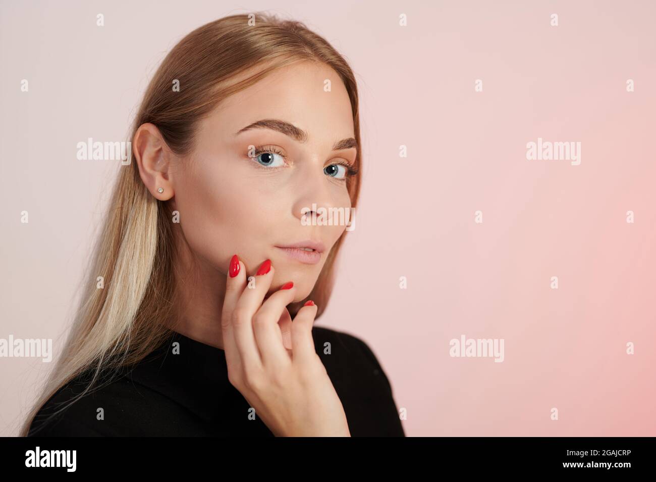 Portrait of pretty caucasian girl looking in forward. Fashion model ...