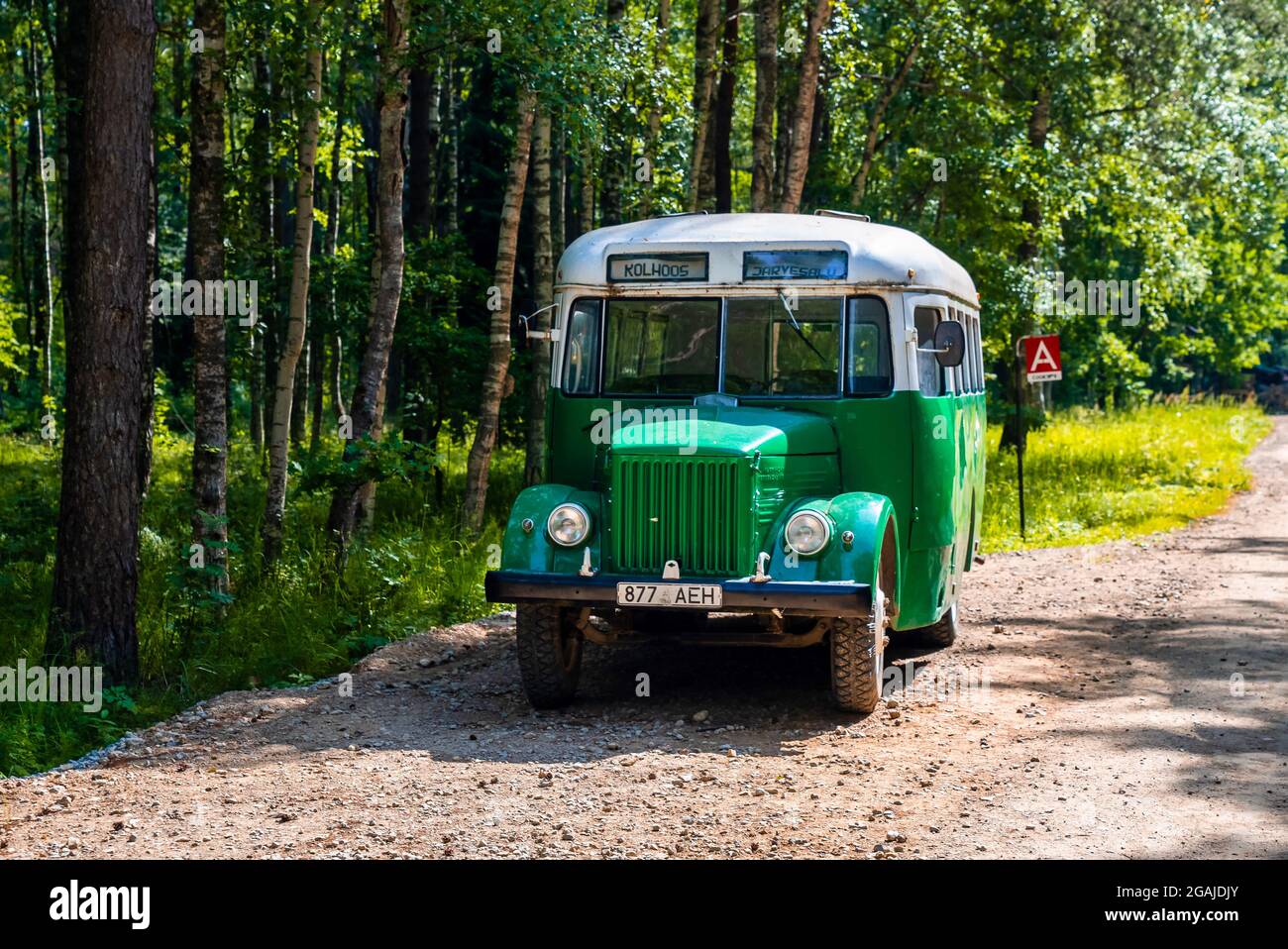 Vintage Soviet bus models exhibited in a yard Stock Photo - Alamy
