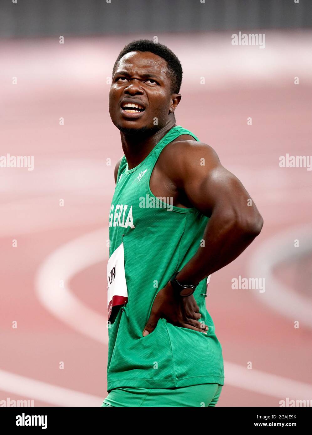 Nigeria's Enoch Adegoke after winning the second heat of the Men's 100 ...