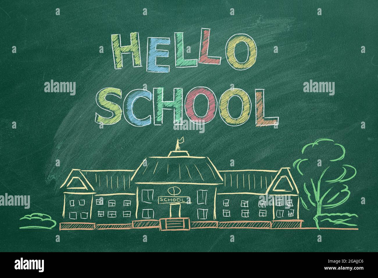 Hello School. Illustration on blackboard Stock Photo - Alamy