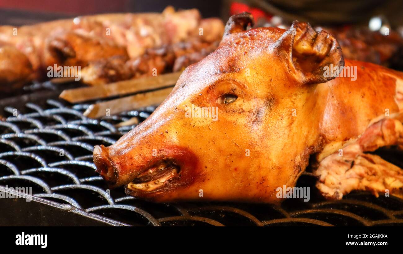 The head of a whole fried pig. Grilled pork. fried pork head. Babi ...