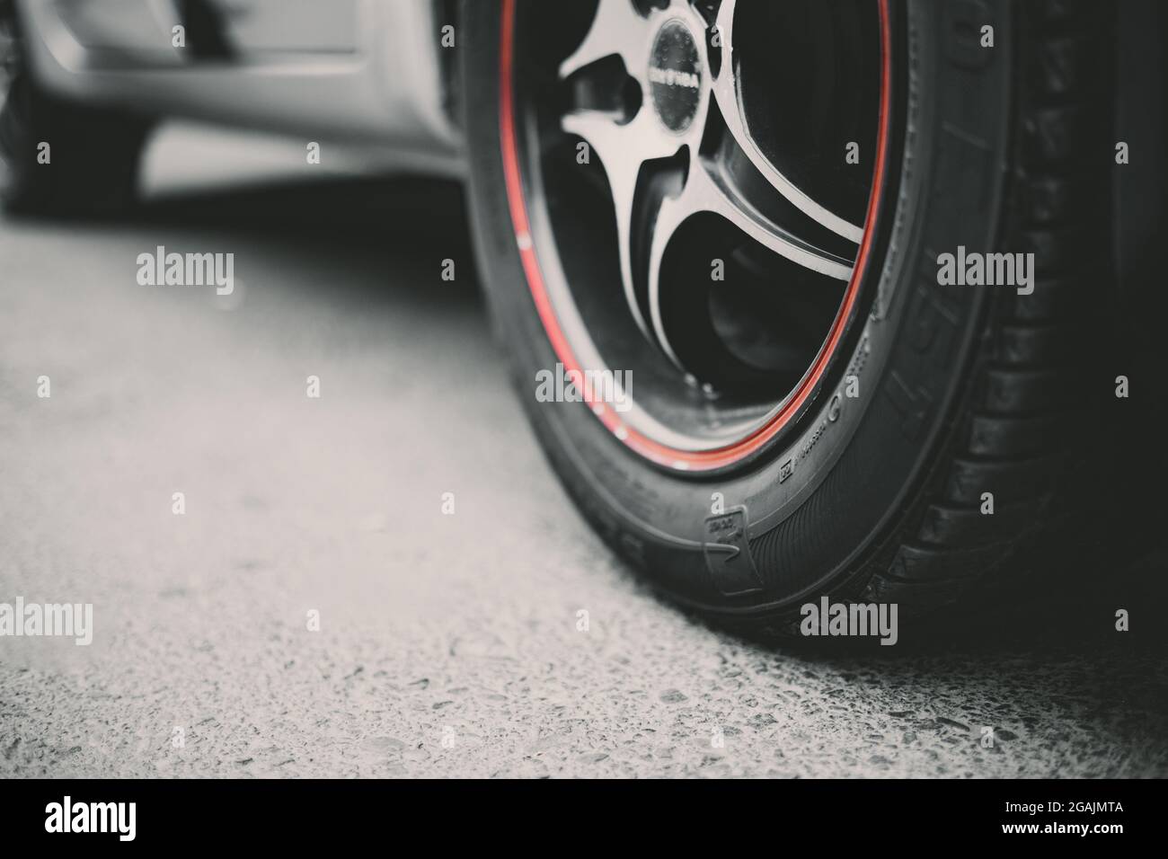 Car wheels close up on a background of asphalt. Car tires. Rear-side ...