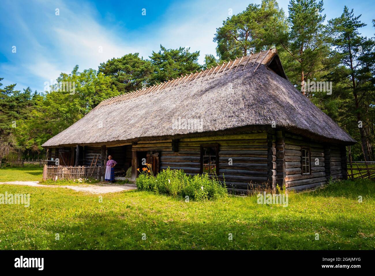 Old woman standing at the entrance of her house in a countryside in ...