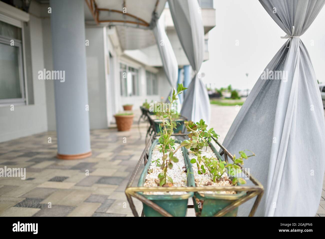 A beautiful wrought-iron flower box encloses the outdoor cafe Stock ...