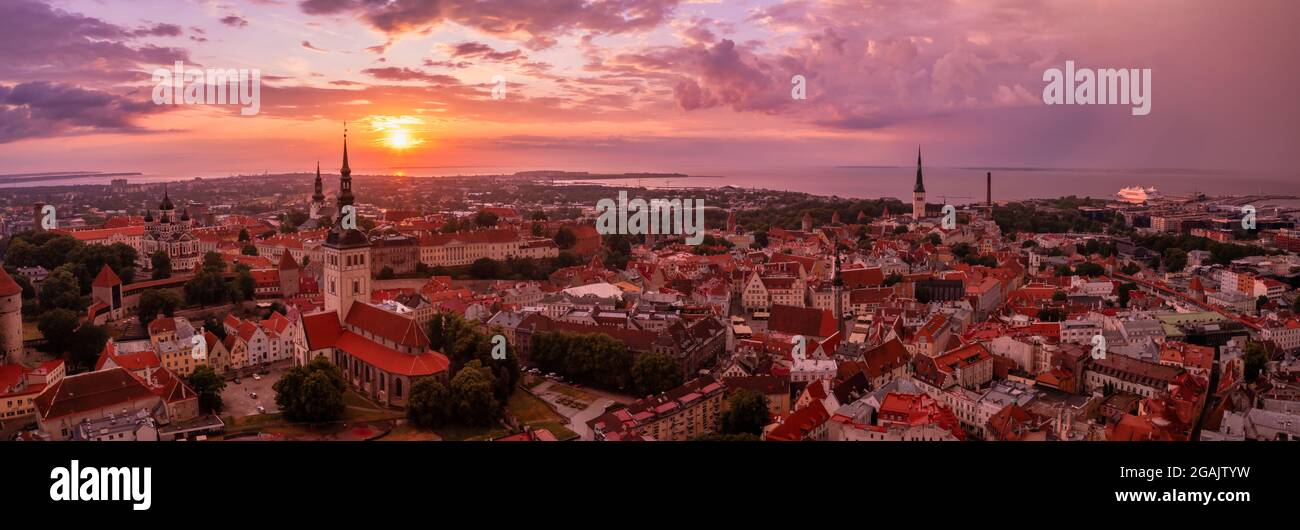 Panoramic view of Old Tallinn city at purple sunset, Estonia Stock ...