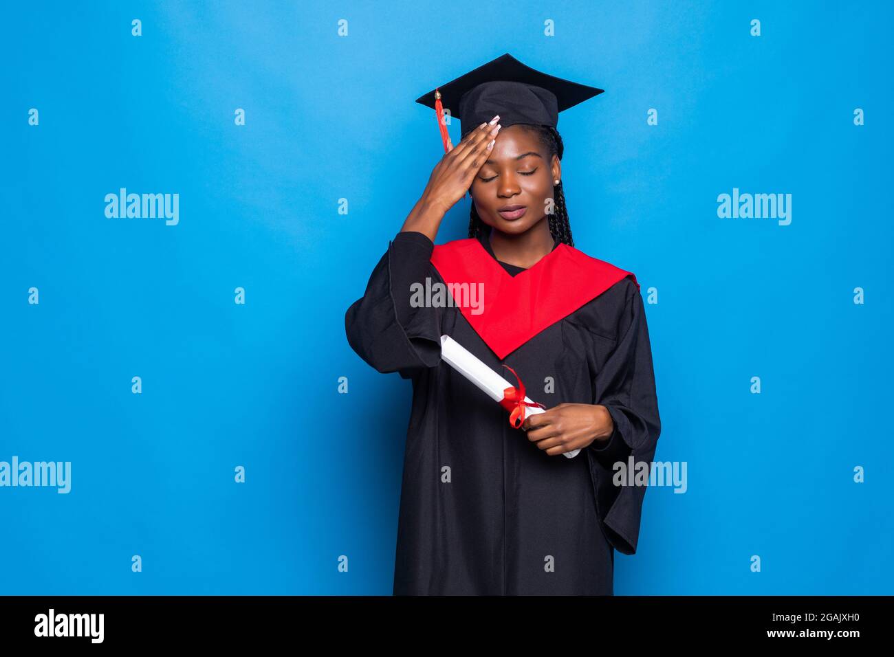 African unhappy sad student woman graduating isolated on white ...