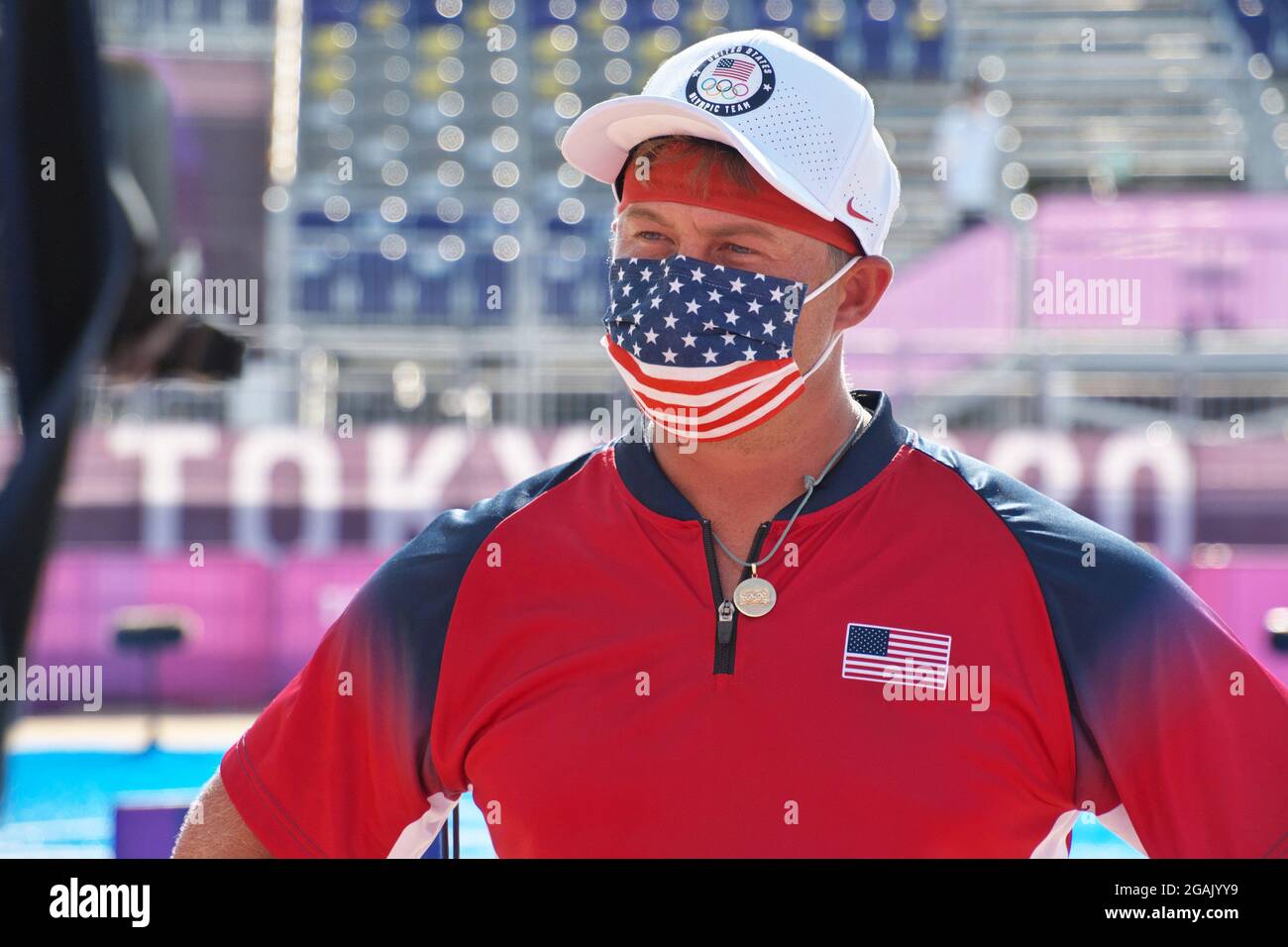 Tokyo, Japan. 31st July, 2021. USA's Brady Ellison answers TV interview ...