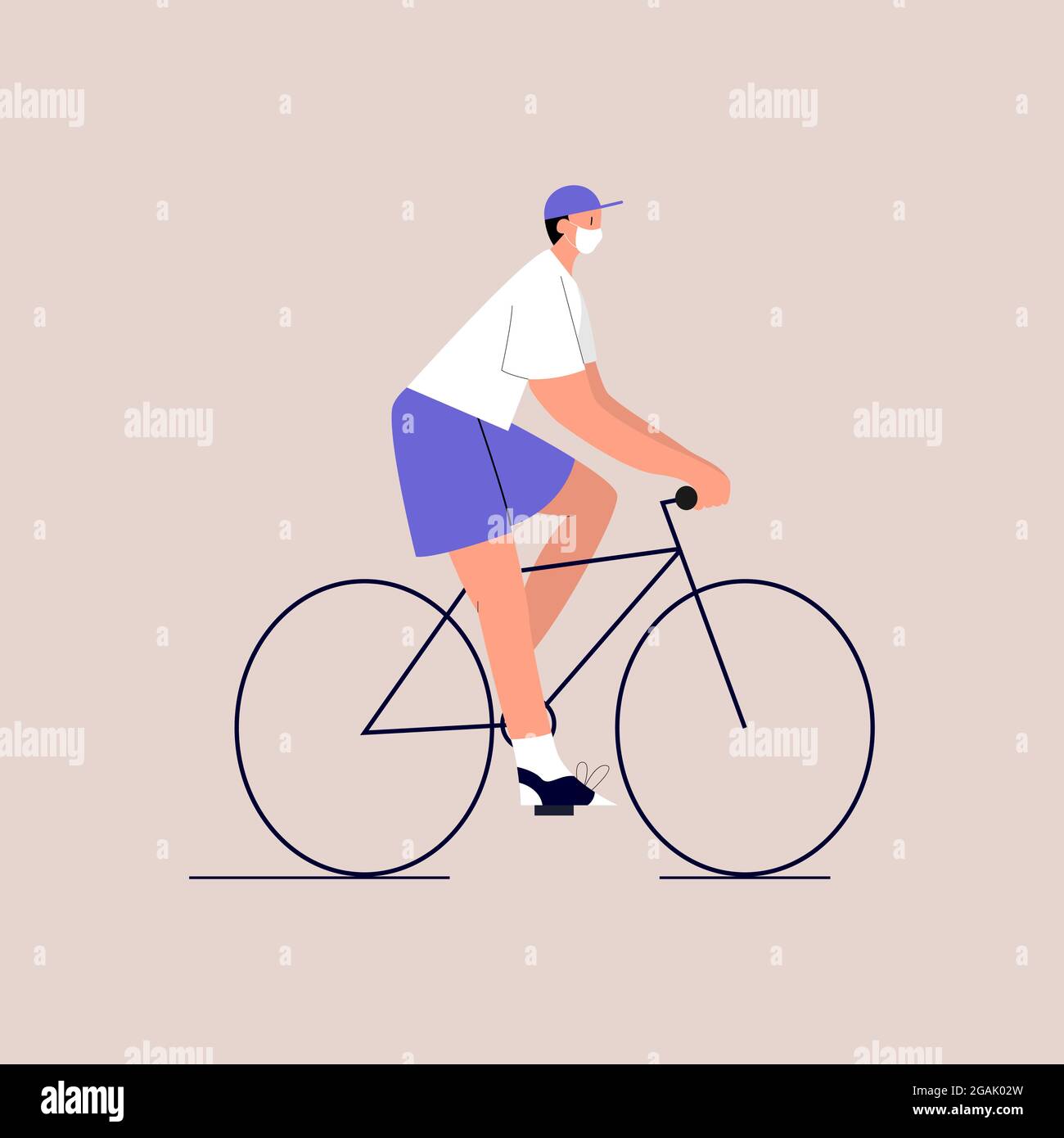 A cartoon guy in medical face mask is riding a bicycle. Eco-friendly ...