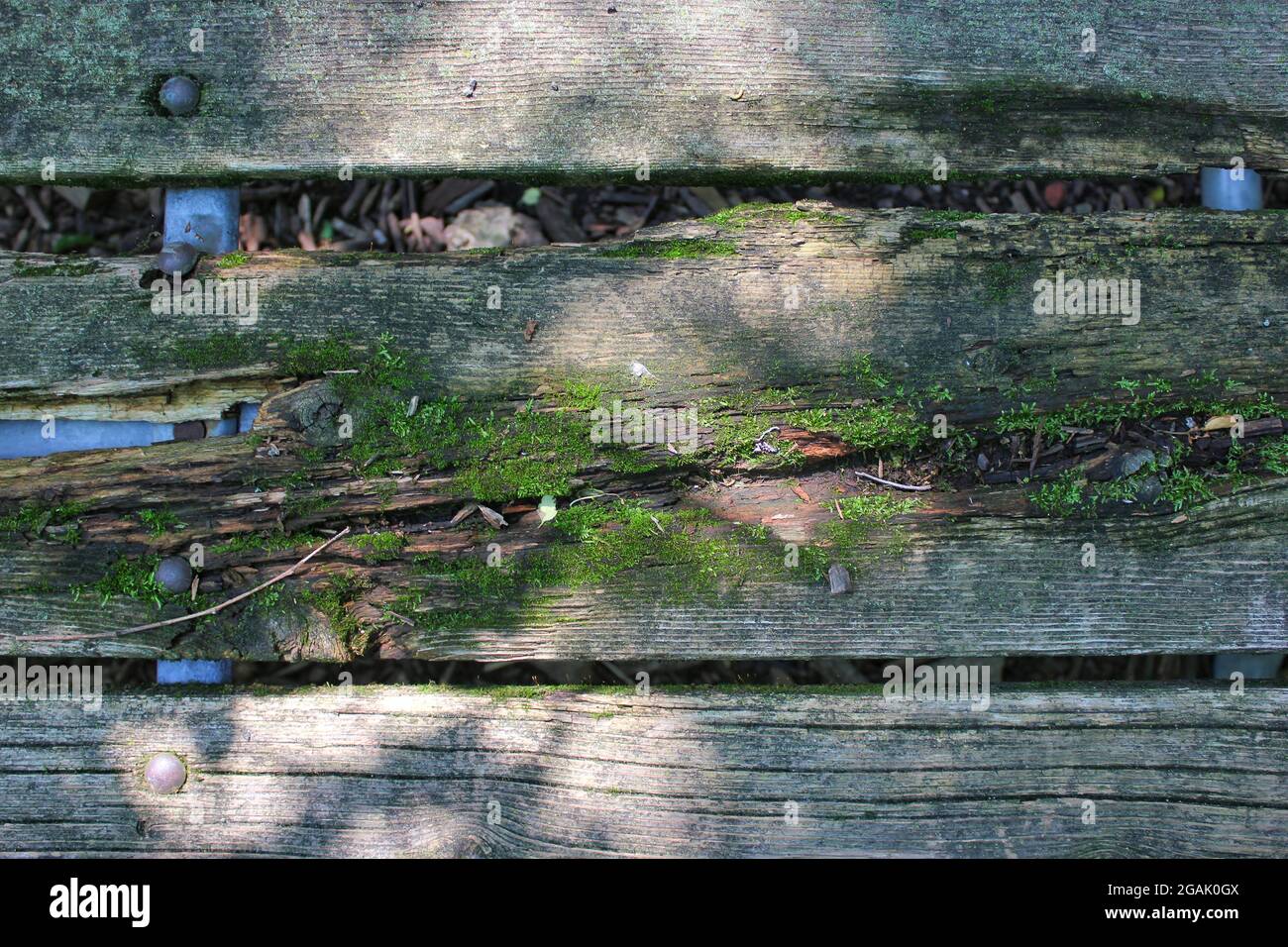 A top view of the top of an old traditional weathered picnic table on a ...