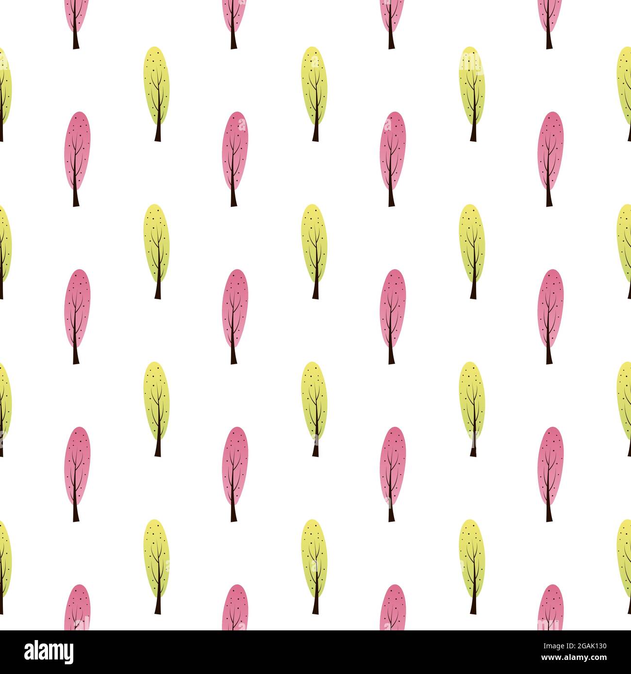 Cute seamless pattern with doodle illustrations of colored trees. For ...