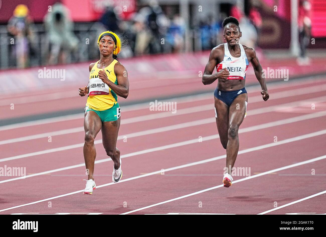 July 31, 2021: Shelly-Ann Fraser-Pryce during 100 meter for women at ...