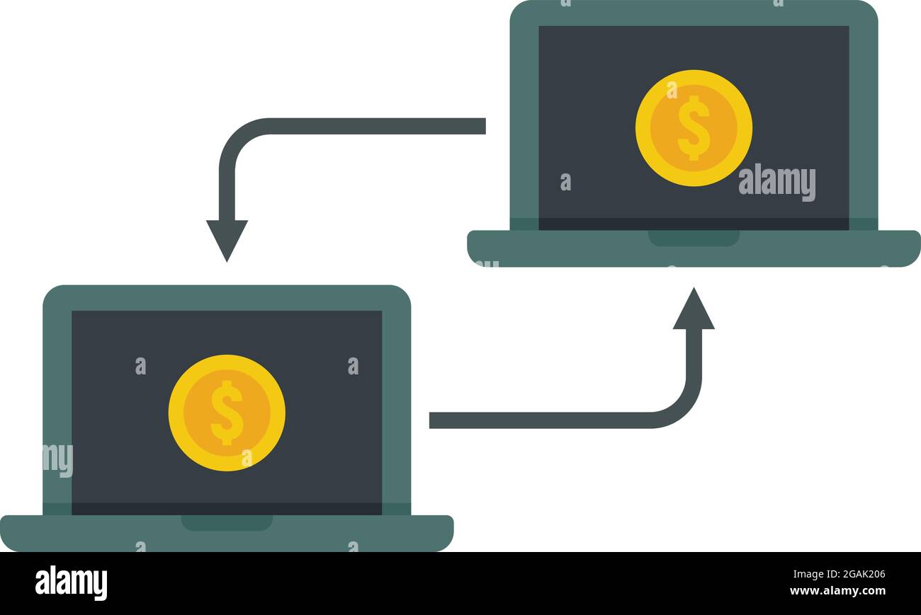 Laptop network money transfer icon. Flat illustration of laptop network ...