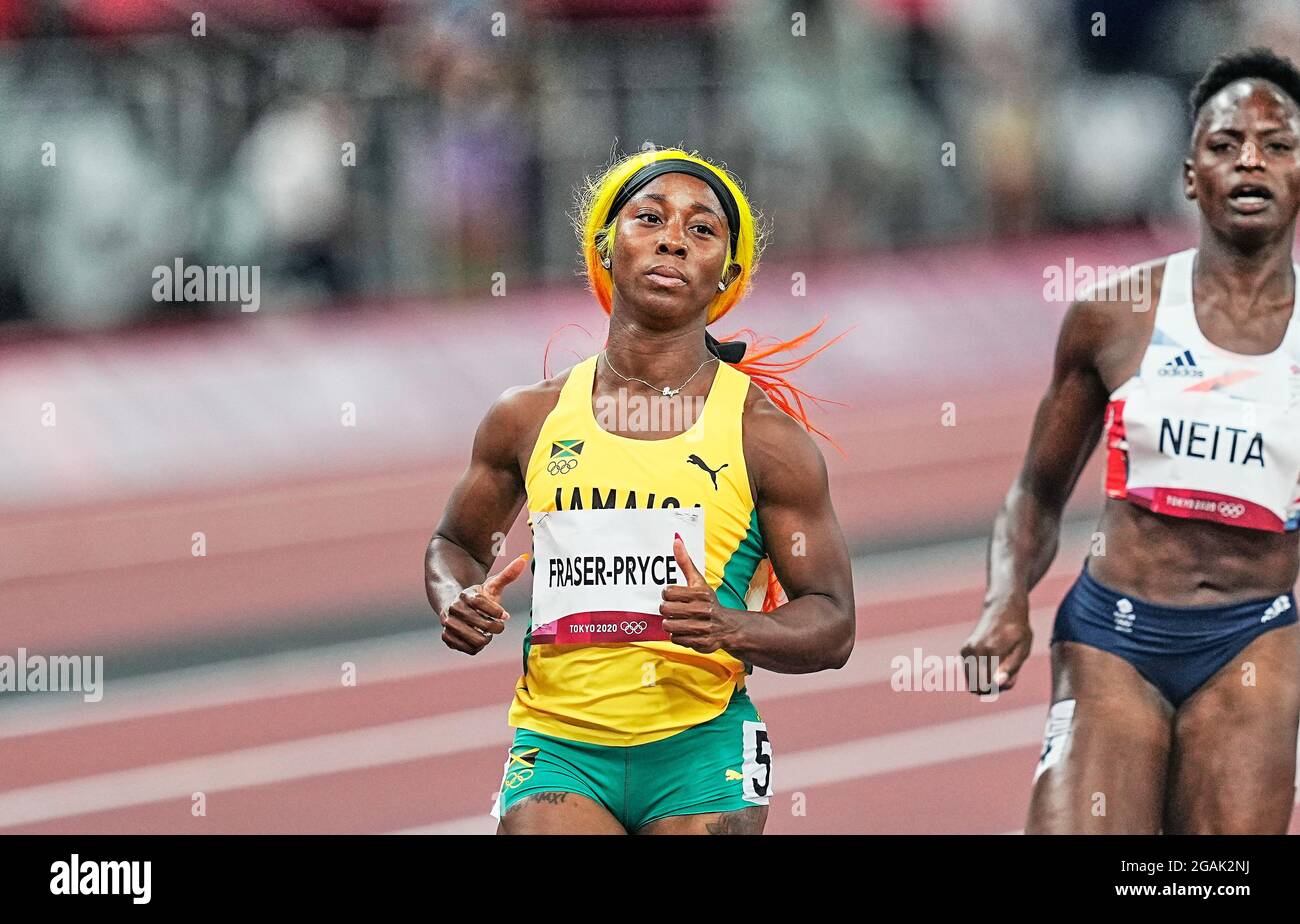 July 31, 2021: Shelly-Ann Fraser-Pryce during 100 meter for women at ...