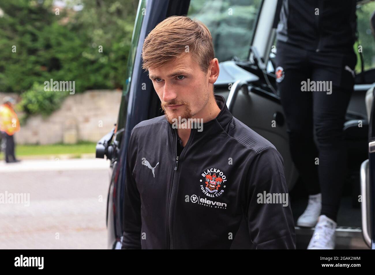 Callum Connolly of Blackpool arrives at the Mazuma Stadium Stock Photo ...