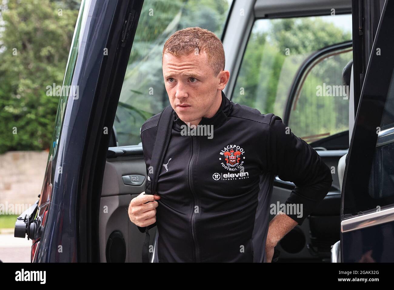 Shayne Lavery of Blackpool arrives at the Mazuma Stadium Stock Photo ...
