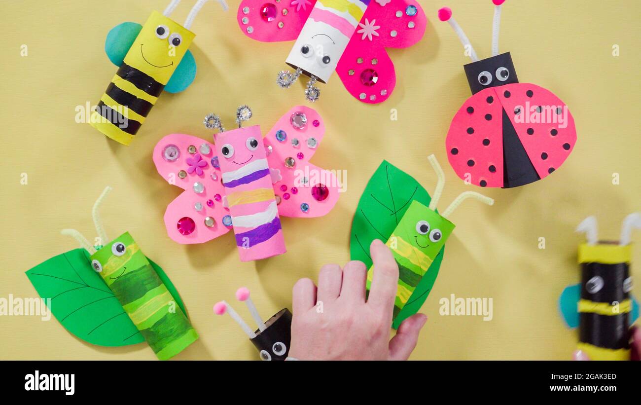 Flat lay. Papercraft project. Colorful bugs made out of empty toilet ...