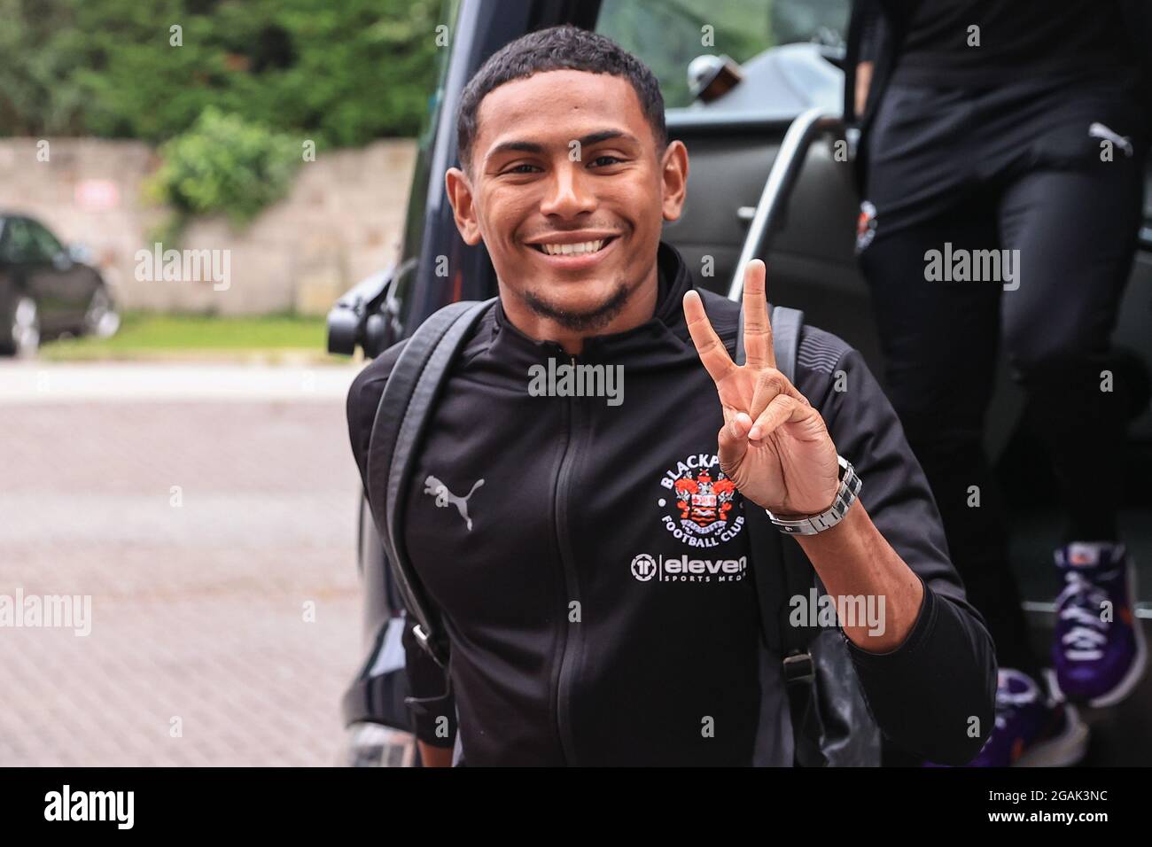 Demetri Mitchell of Blackpool arrives at the Mazuma Stadium Stock Photo ...