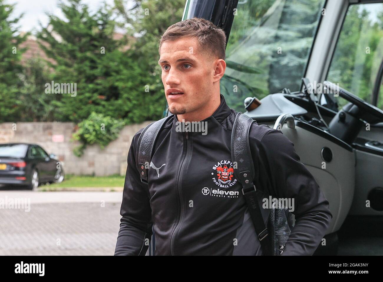 Jerry Yates of Blackpool arrives at the Mazuma Stadium Stock Photo - Alamy