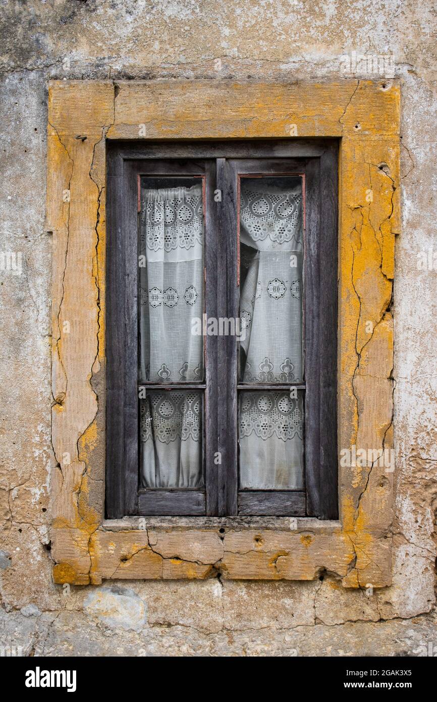 Detail of old window in abandoned rural house with wooden frame and ...