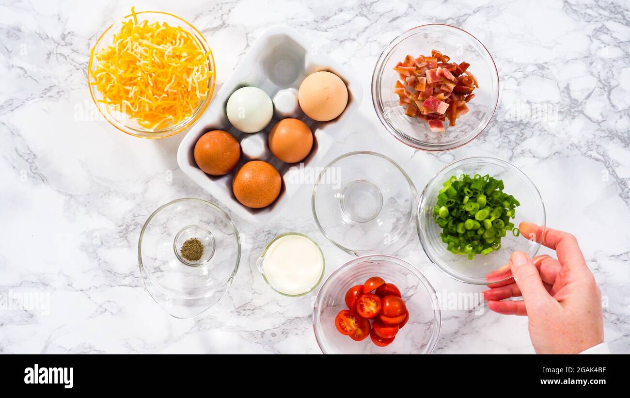 Step by step. Flat lay. Ingredients to prepare bacon and cheese egg ...