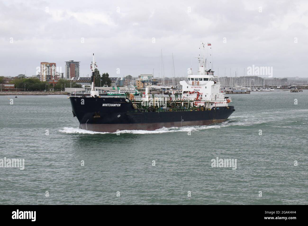The double hulled oil products tanker MV WHITCHAMPION makes its way out ...