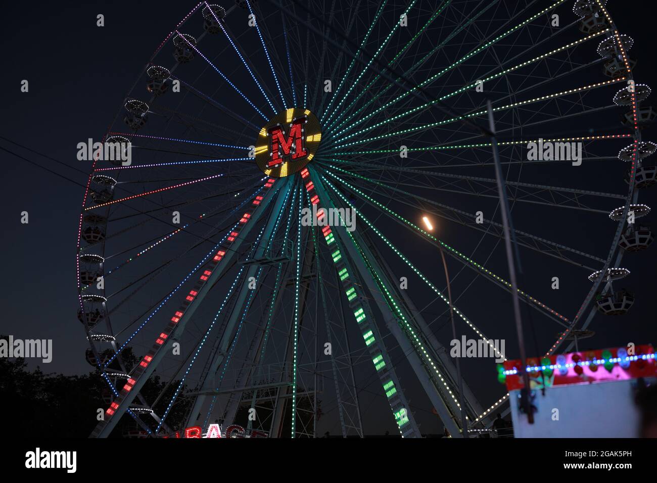 ferris wheel and attraction close-up in flight Stock Photo - Alamy