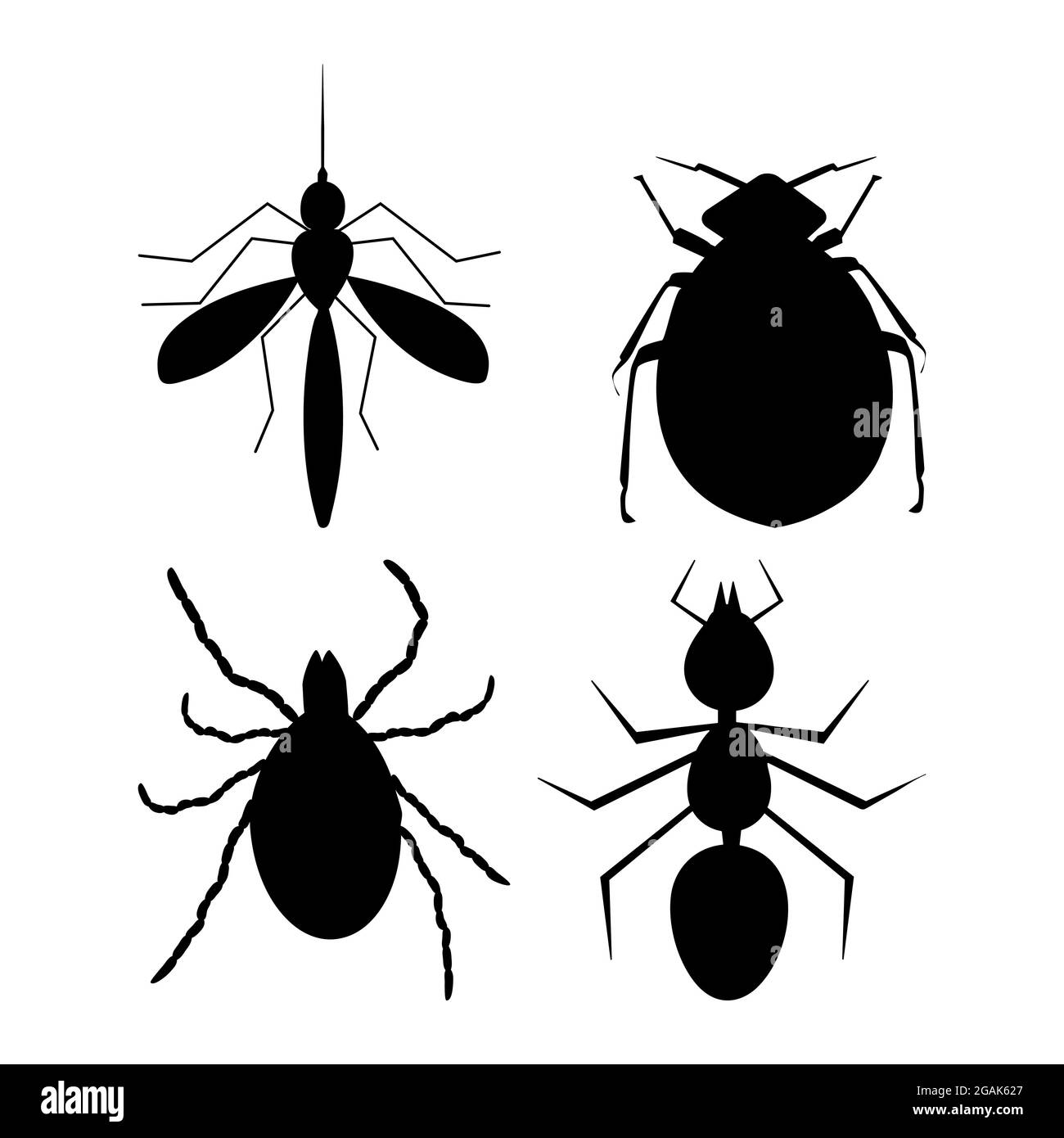 Tick, ant, flea and mosquito black silhouette isolated on white ...