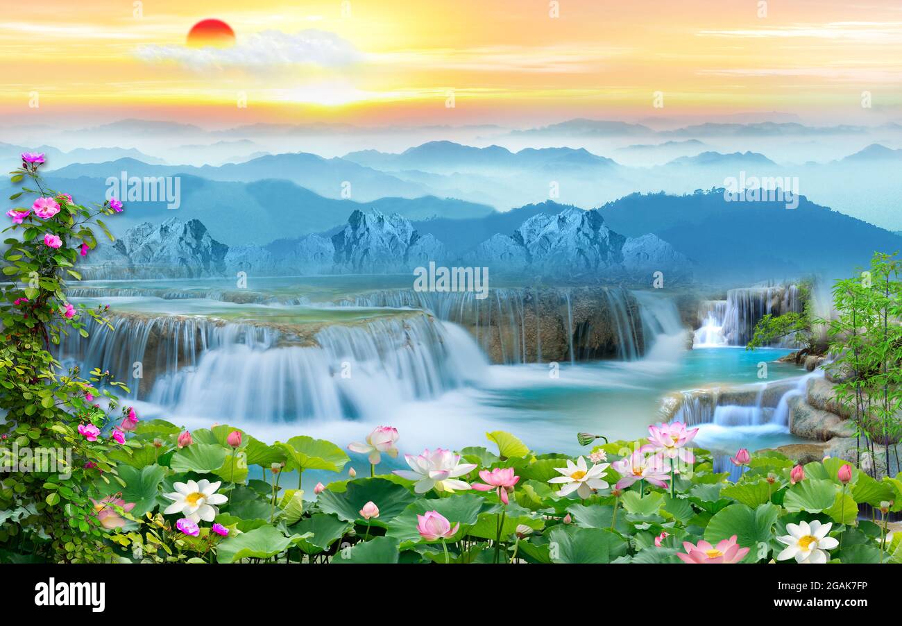 3d landscape mural colorful flowers branches multi colors with trees hi ...