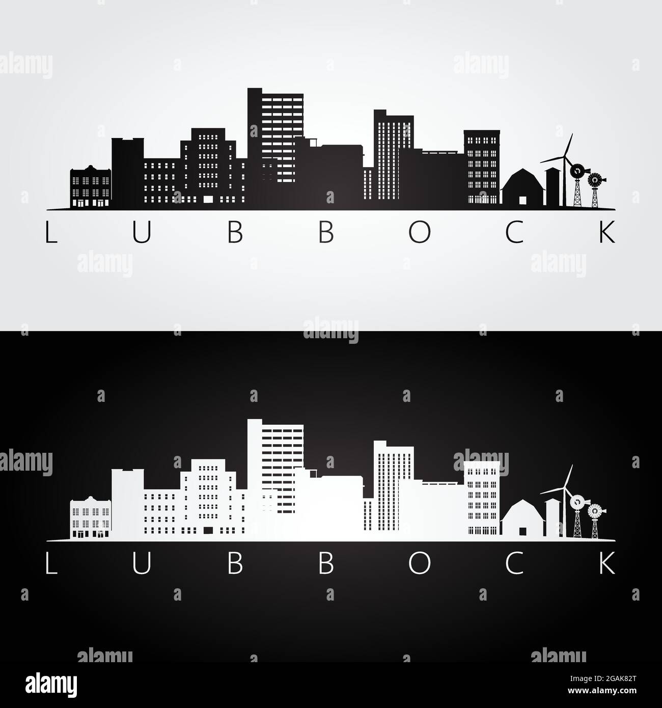 Lubbock, USA skyline and landmarks silhouette, black and white design ...