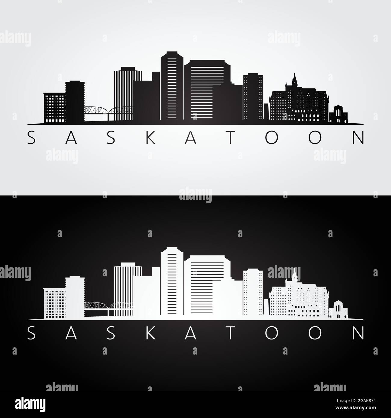 Saskatoon Skyline And Landmarks Silhouette Black And White Design